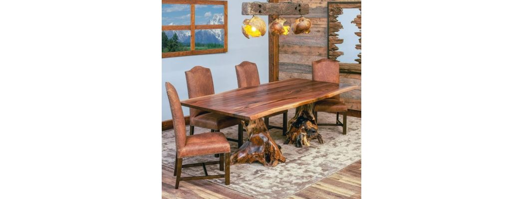 Rustic Walnut Dining Table with Teak Stump Legs